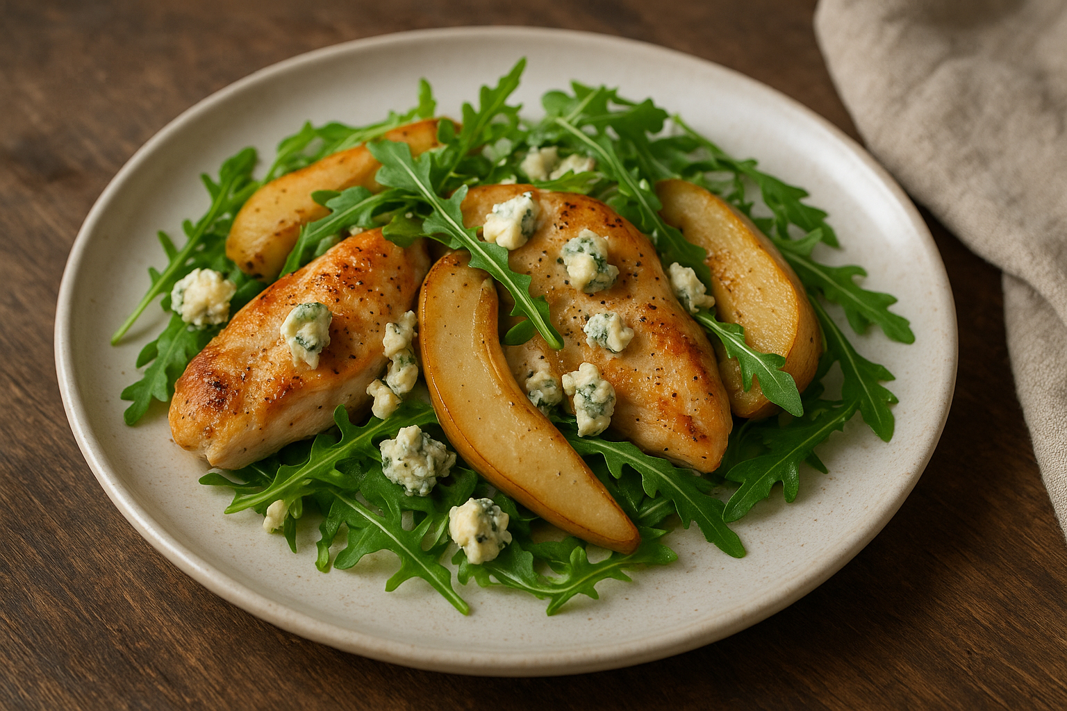 Poulet poêlé à la poire, fromage bleu et roquette | BelOrta